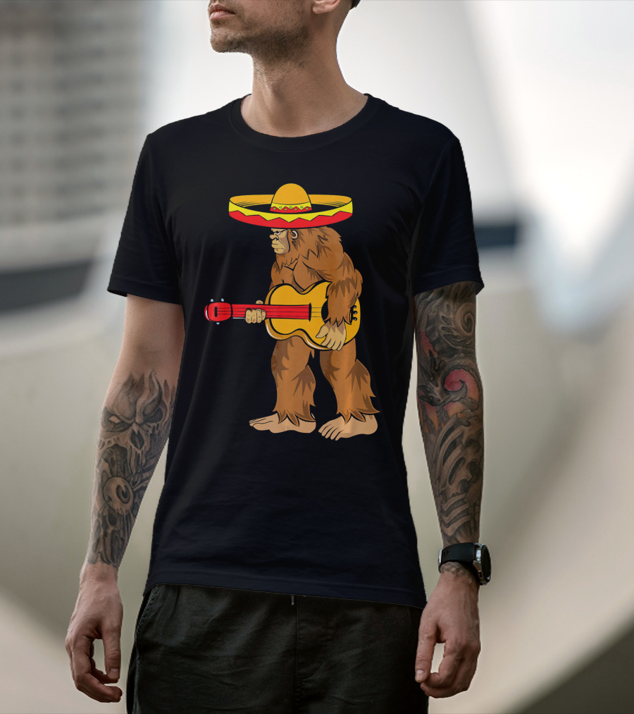 Bigfoot Carrying Guitar Cinco De Mayo Sombrero T-Shirt