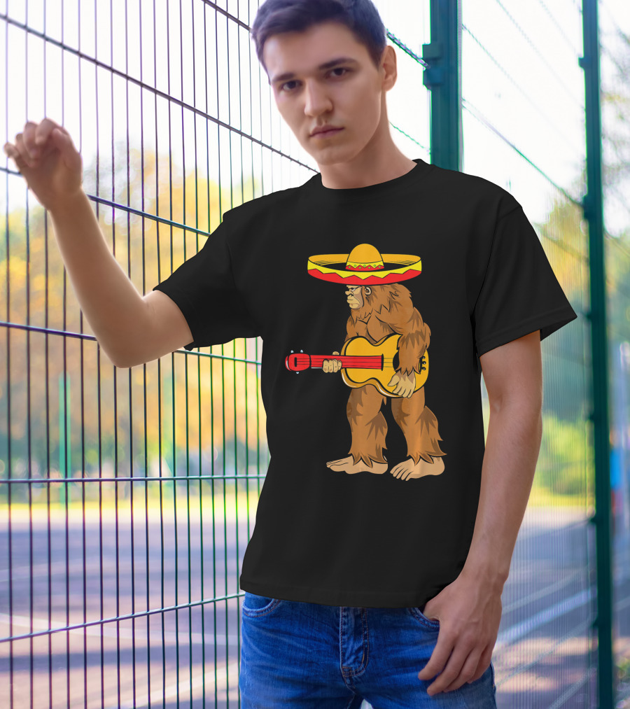 Bigfoot Carrying Guitar Cinco De Mayo Sombrero T-Shirt
