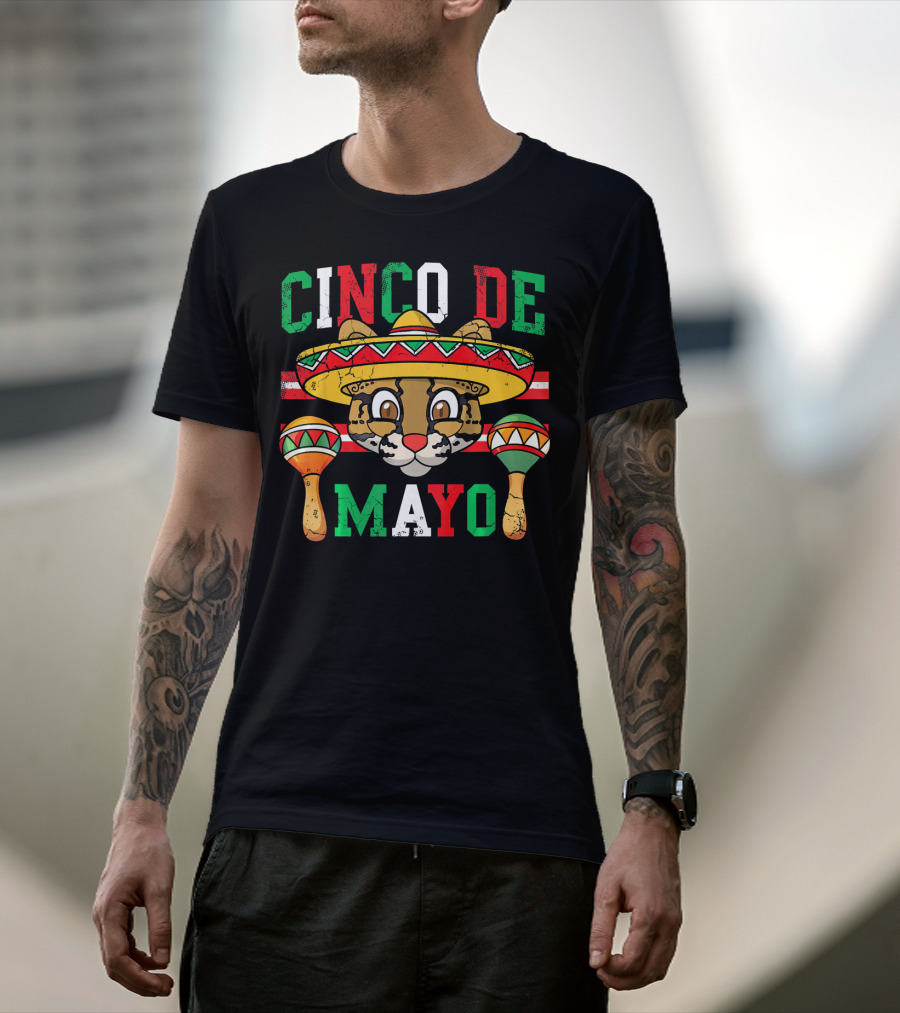 Cinco De Mayo Ocelot Cat Sombrero Maracas Festive T-Shirt