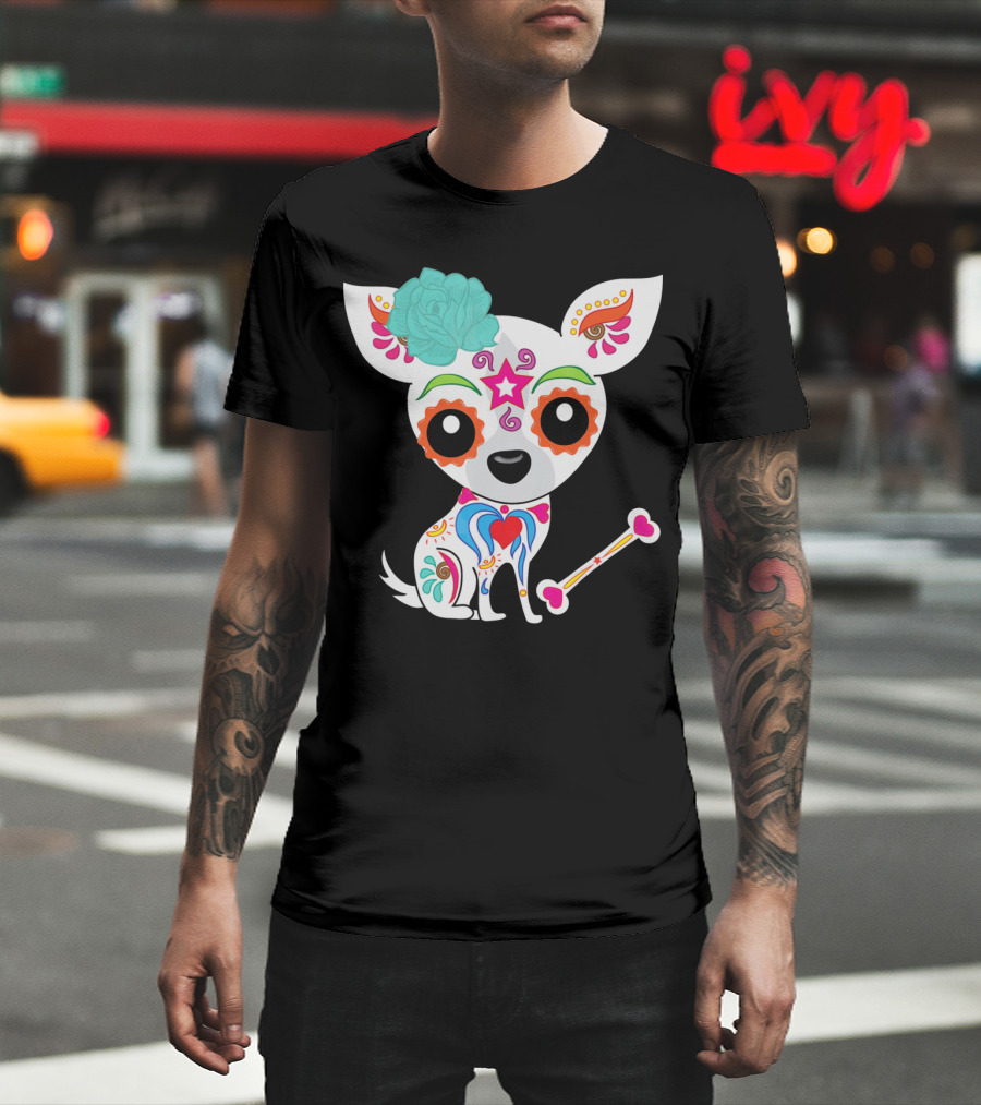 Cinco De Mayo Sugar Skull Chihuahua With Floral Bone And Colorful Flower T-Shirt