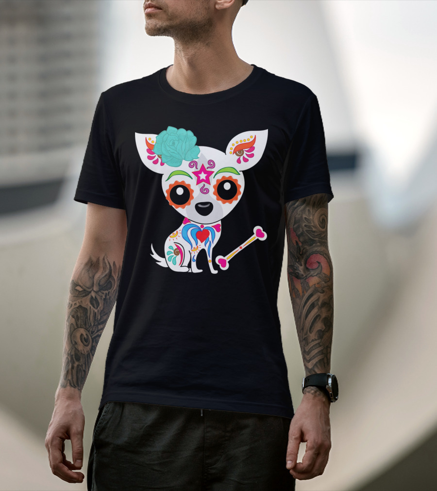 Cinco De Mayo Sugar Skull Chihuahua With Floral Bone And Colorful Flower T-Shirt