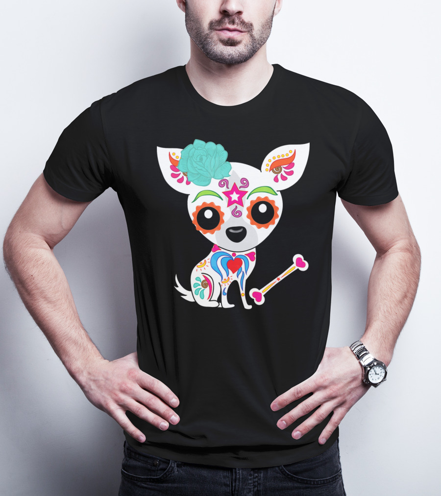 Cinco De Mayo Sugar Skull Chihuahua With Floral Bone And Colorful Flower T-Shirt