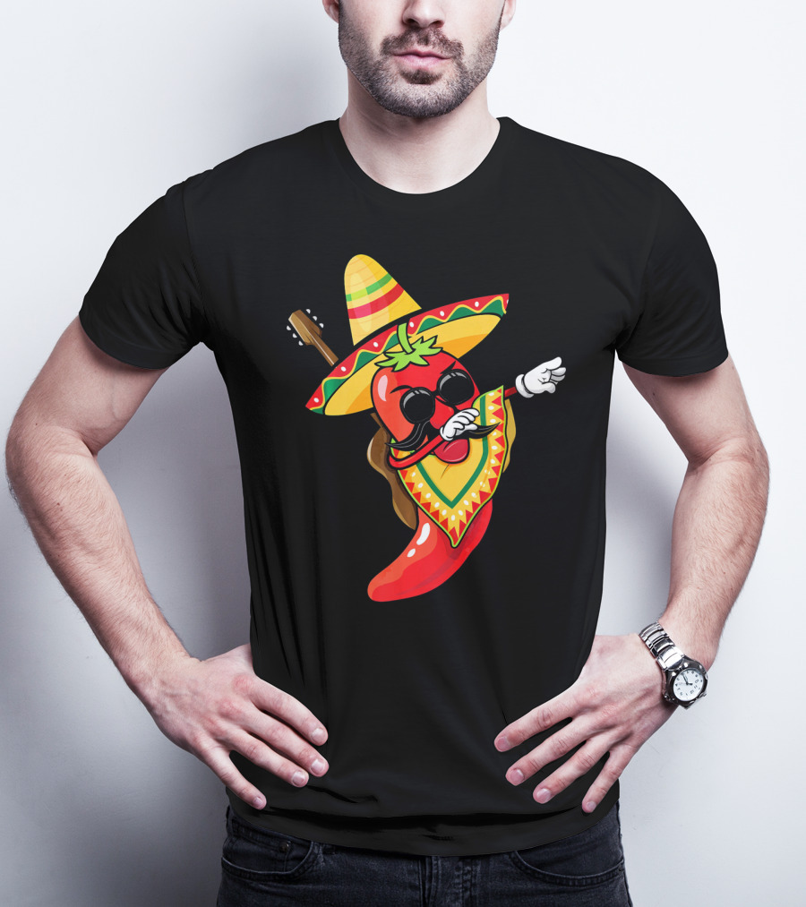 Mexican Poncho Cinco De Mayo Dabbing Jalapeño Sombrero Mustache Guitar T-Shirt