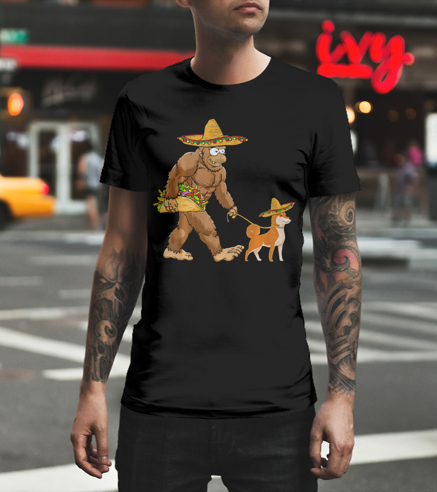 Bigfoot Taco Sombrero Shiba Inu Dog Cinc Walking Cartoon T-Shirt