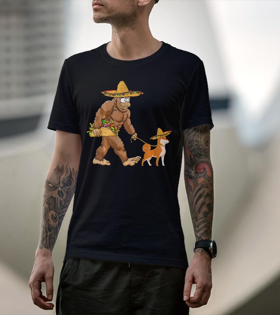 Bigfoot Taco Sombrero Shiba Inu Dog Cinc Walking Cartoon T-Shirt