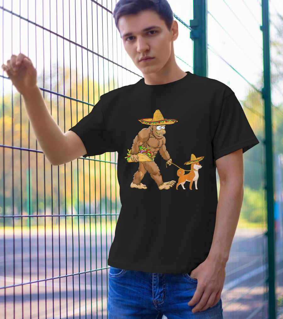 Bigfoot Taco Sombrero Shiba Inu Dog Cinc Walking Cartoon T-Shirt
