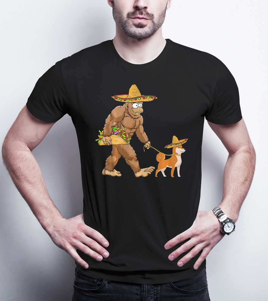 Bigfoot Taco Sombrero Shiba Inu Dog Cinc Walking Cartoon T-Shirt