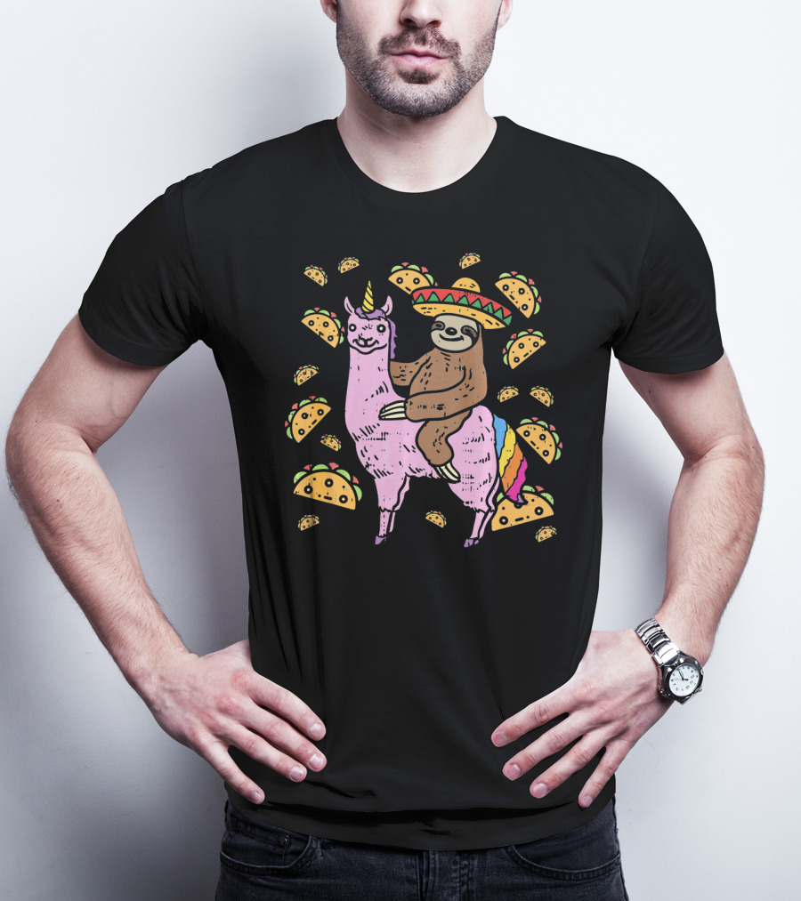 Cinco De Mayo Llamacorn With Sombrero Sloth Surrounded By Tacos T-Shirt