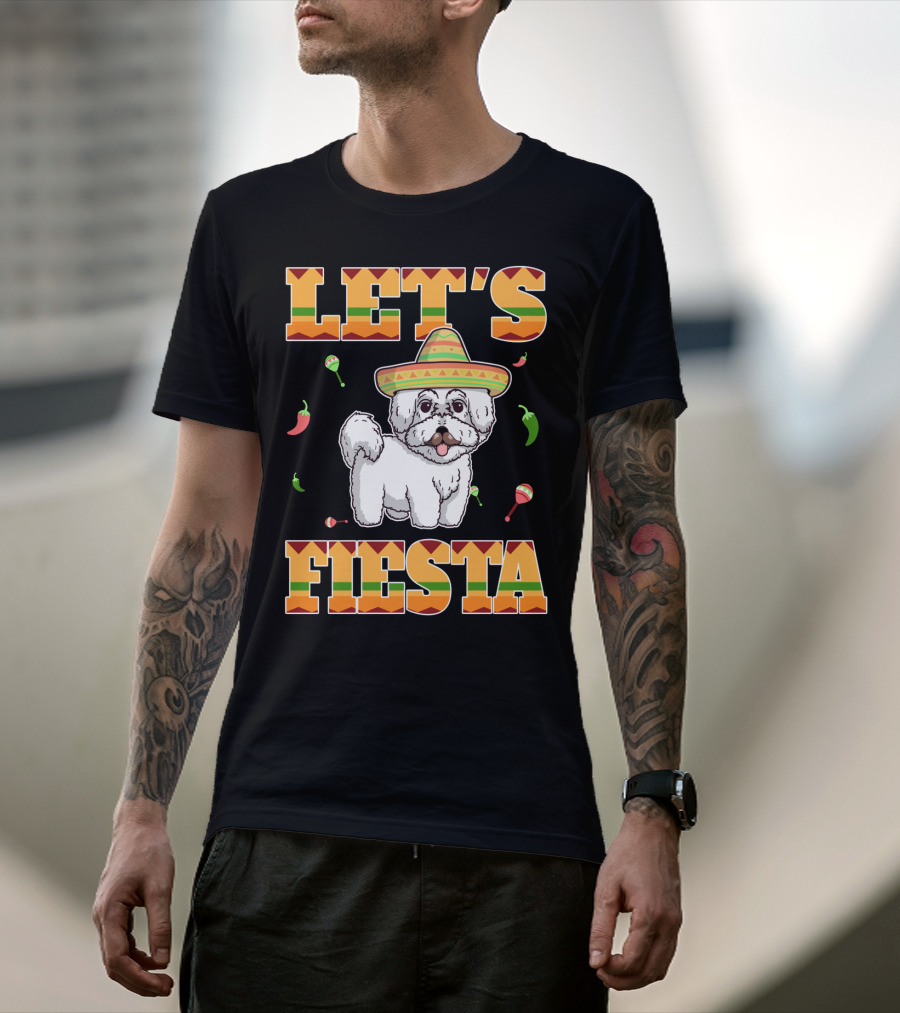 Let's Fiesta Bichon Frise Dog Cinco De Mayo Sombrero Peppers Maracas T-Shirt