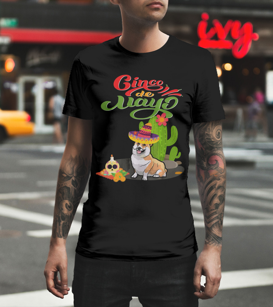 Cinco De Mayo Corgi Dog Fiesta With Sombrero And Cactus T-Shirt