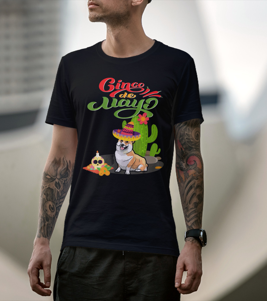 Cinco De Mayo Corgi Dog Fiesta With Sombrero And Cactus T-Shirt