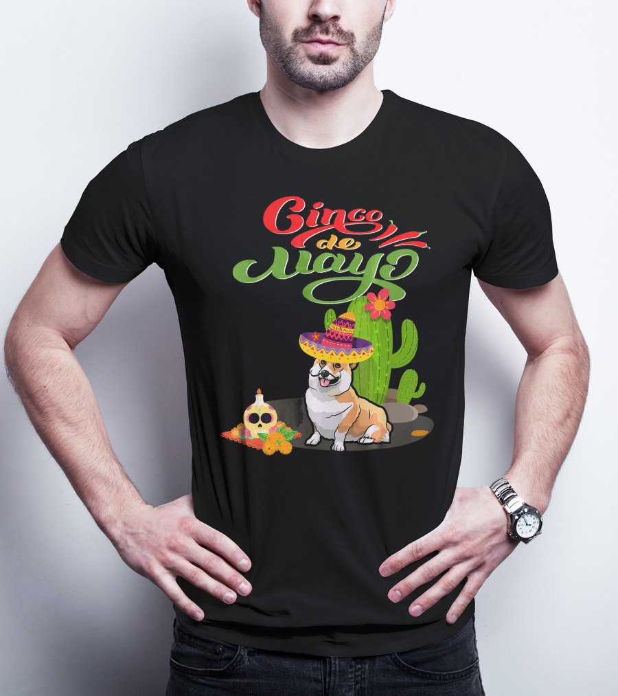 Cinco De Mayo Corgi Dog Fiesta With Sombrero And Cactus T-Shirt
