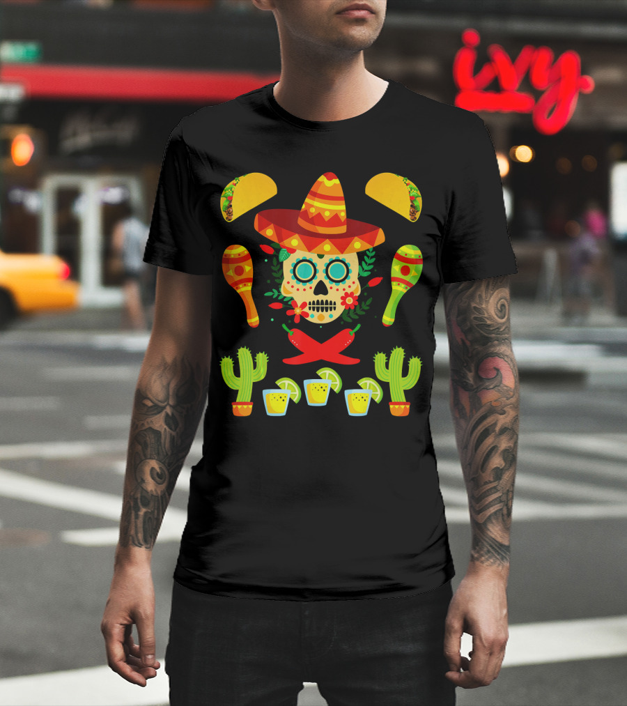 Fiesta Cinco De Mayo Sombrero Cactus Maracas Tacos Skull Peppers Shots Lime T-Shirt