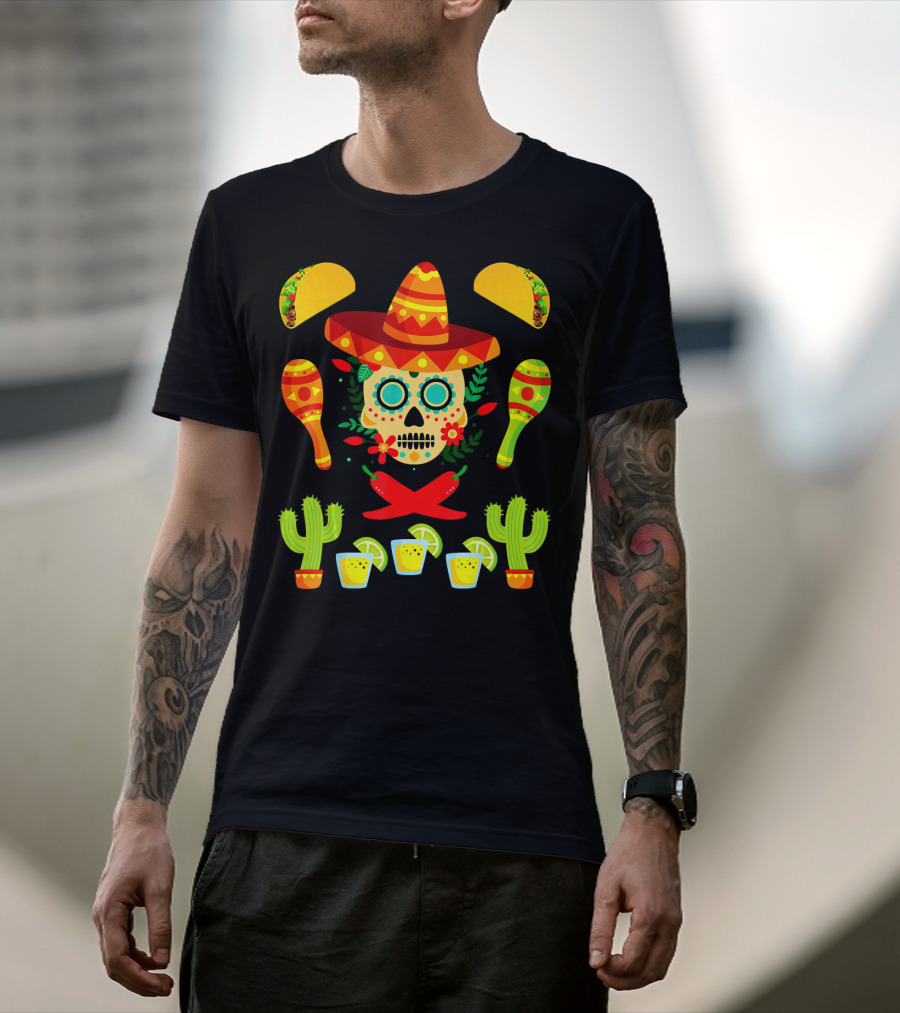 Fiesta Cinco De Mayo Sombrero Cactus Maracas Tacos Skull Peppers Shots Lime T-Shirt