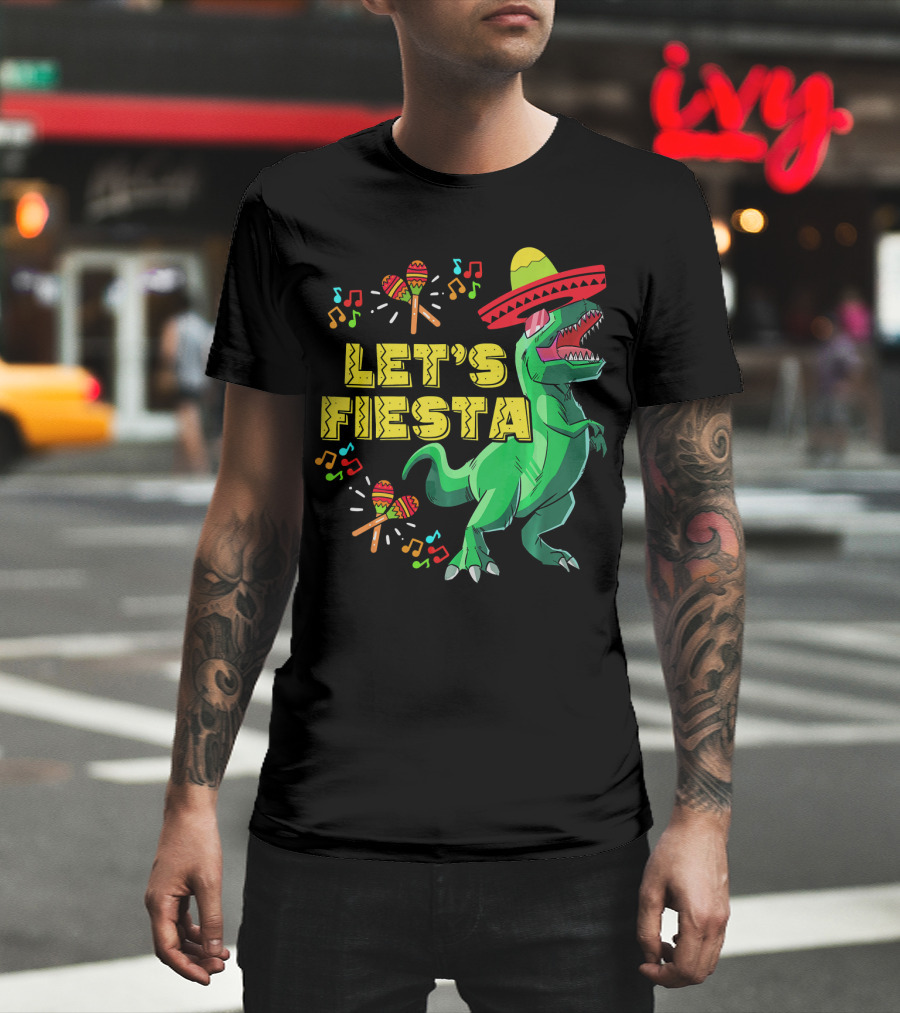 Let's Fiesta Cinco De Mayo Dino Sombrero Maracas Music Notes T-Shirt