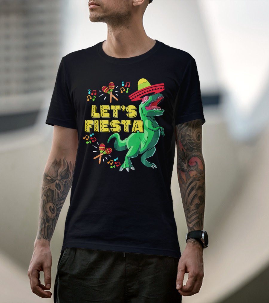 Let's Fiesta Cinco De Mayo Dino Sombrero Maracas Music Notes T-Shirt