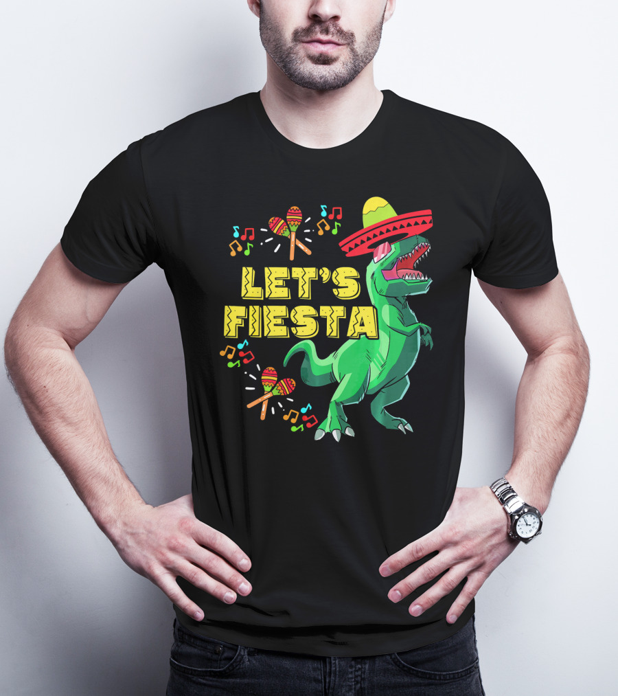 Let's Fiesta Cinco De Mayo Dino Sombrero Maracas Music Notes T-Shirt
