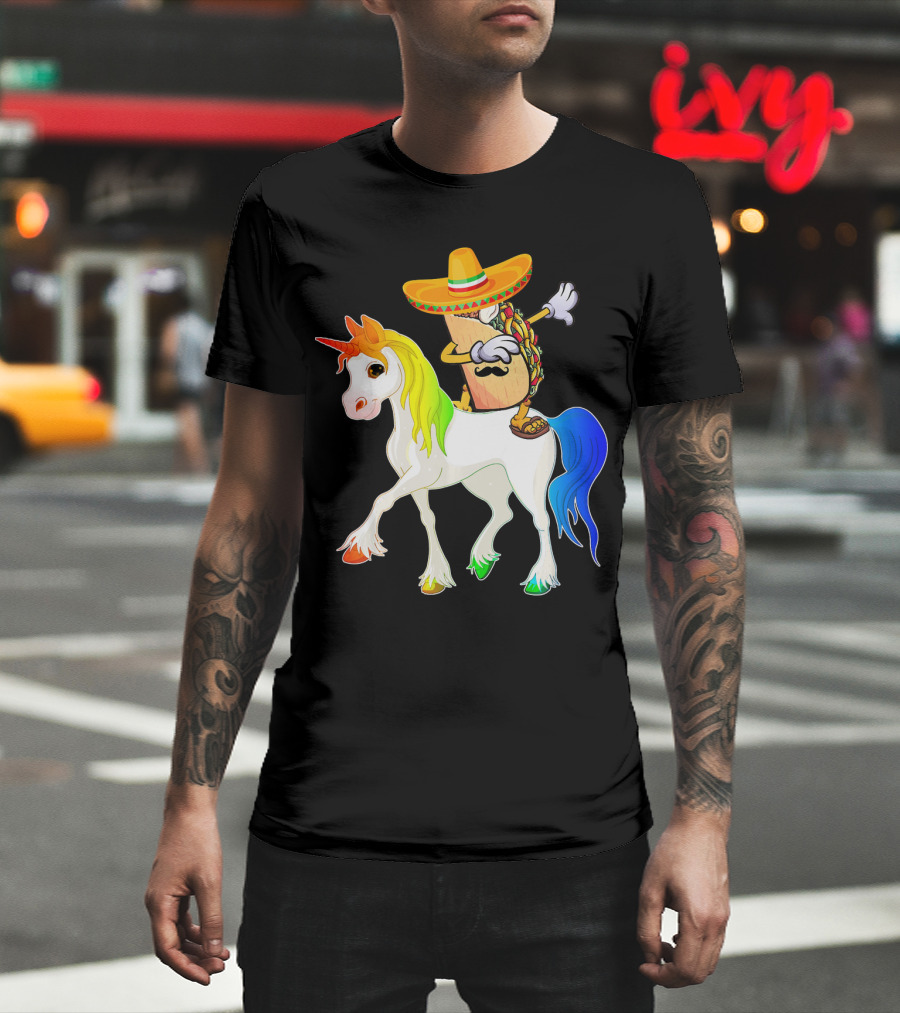 Dabbing Taco Sombrero With Mustache Riding Colorful Unicorn Fun T-Shirt