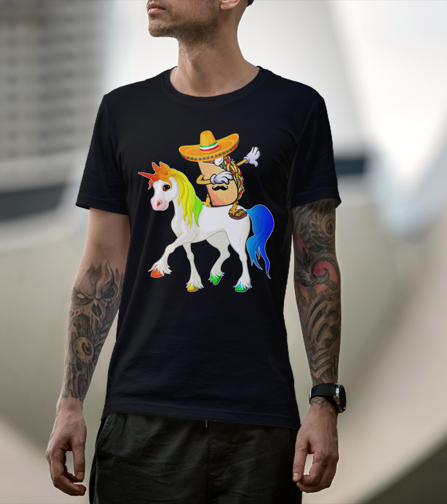 Dabbing Taco Sombrero With Mustache Riding Colorful Unicorn Fun T-Shirt