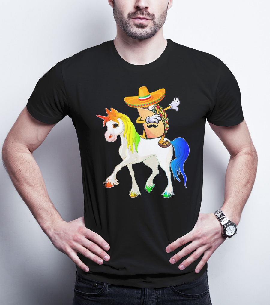 Dabbing Taco Sombrero With Mustache Riding Colorful Unicorn Fun T-Shirt