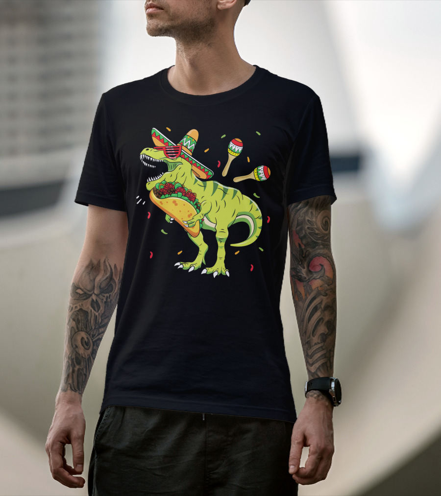 Cinco De Mayo T Rex With Sombrero Maracas And Taco T-Shirt