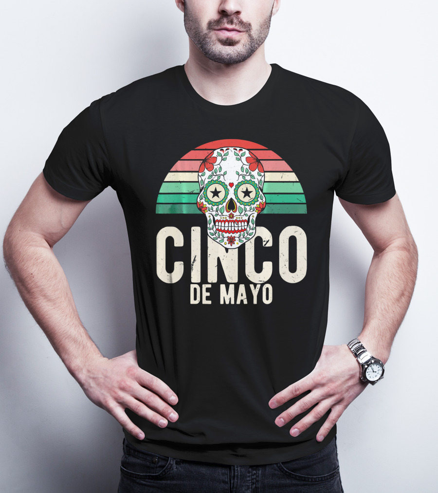 Cinco De Mayo Sugar Skull Retro Stripes T-Shirt