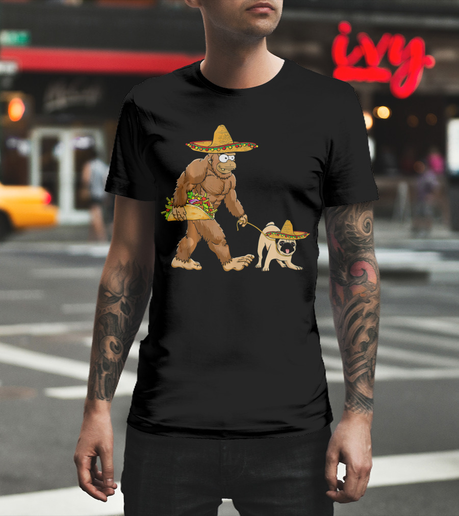 Bigfoot Sombrero Taco Pug Dog Cinco De Mayo T-Shirt