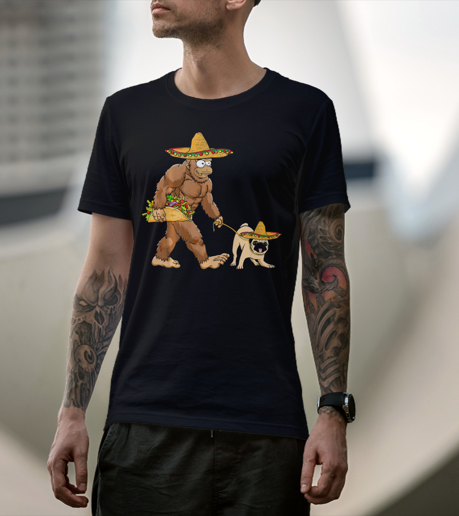 Bigfoot Sombrero Taco Pug Dog Cinco De Mayo T-Shirt