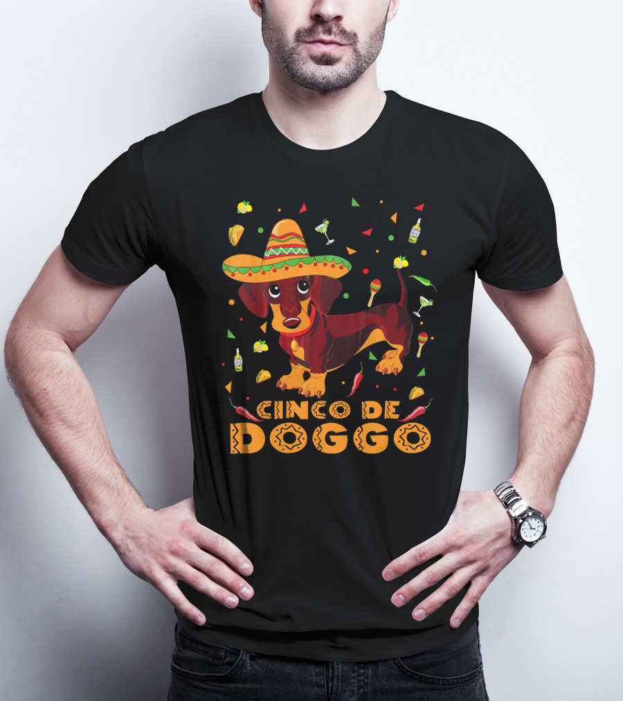 Cinco De Doggo Dachshund Sombrero Chili Peppers Margarita Fiesta Theme Mexican Cinco T-Shirt