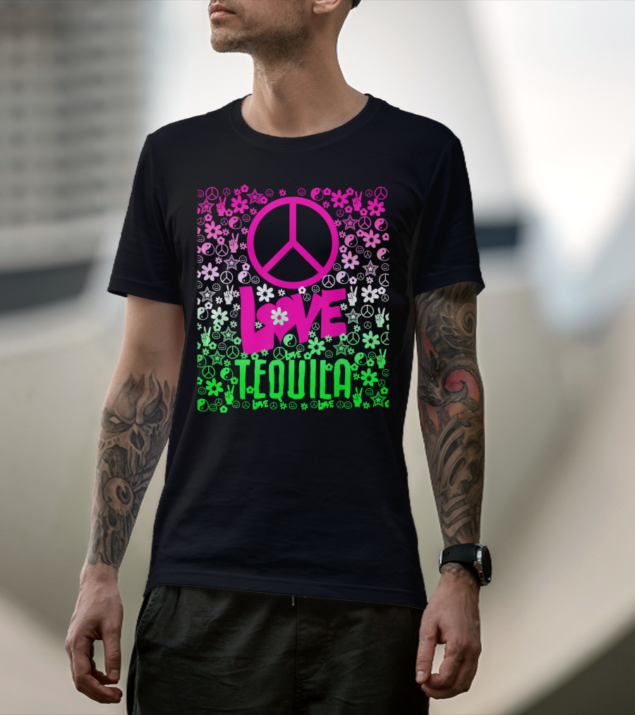 Peace Love Tequila Hippie Style Cinco De Mayo Festive Symbols Icons T-Shirt