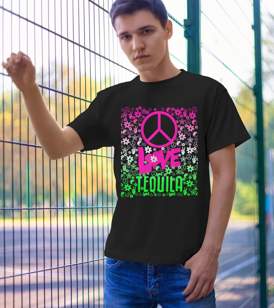 Peace Love Tequila Hippie Style Cinco De Mayo Festive Symbols Icons T-Shirt