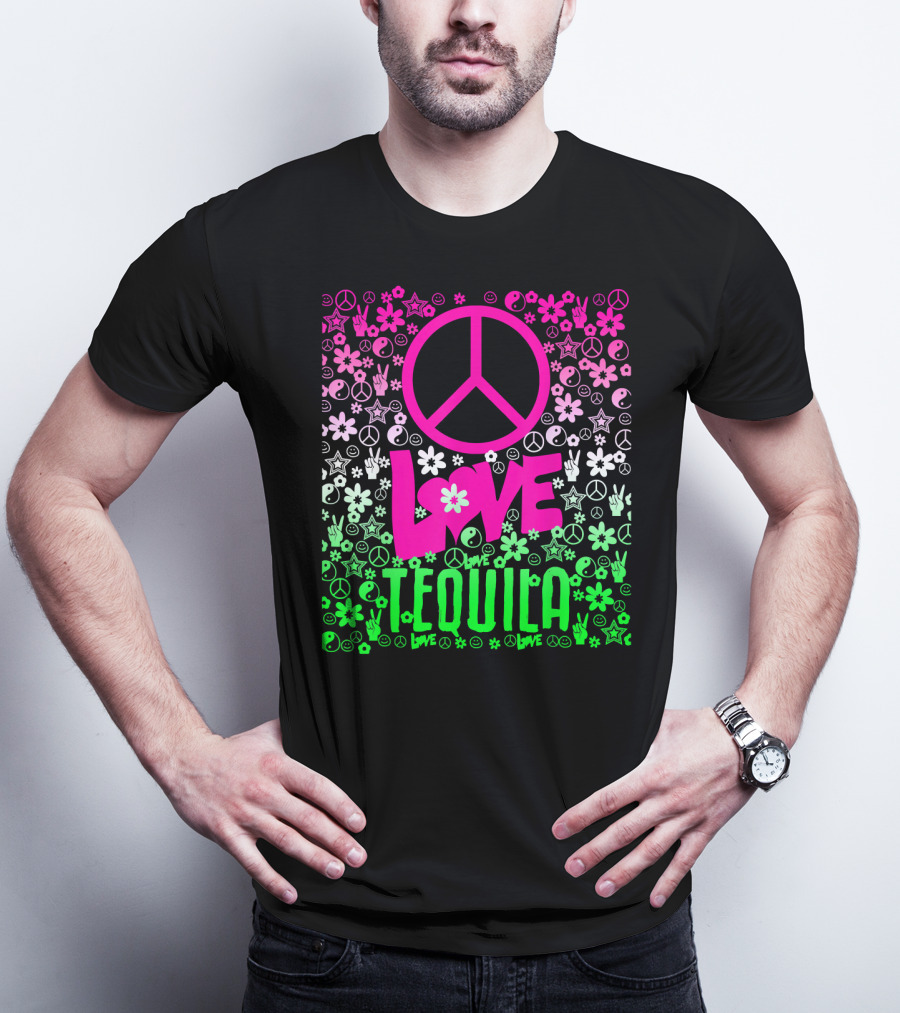 Peace Love Tequila Hippie Style Cinco De Mayo Festive Symbols Icons T-Shirt