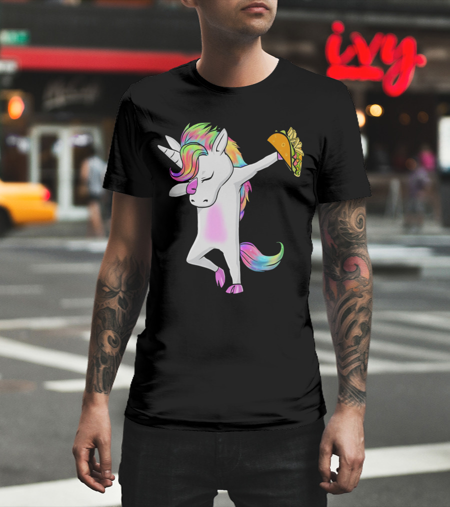 Unicorn Dabbing With Rainbow Mane Holding Tacos T-Shirt