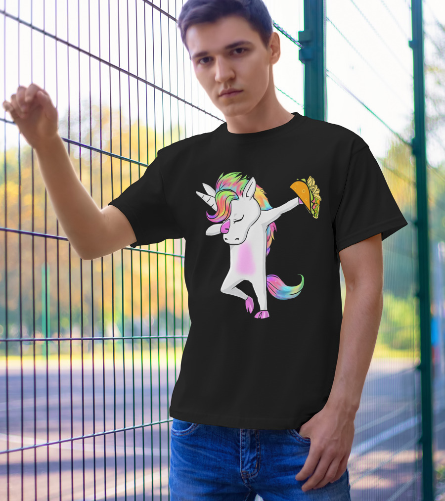 Unicorn Dabbing With Rainbow Mane Holding Tacos T-Shirt
