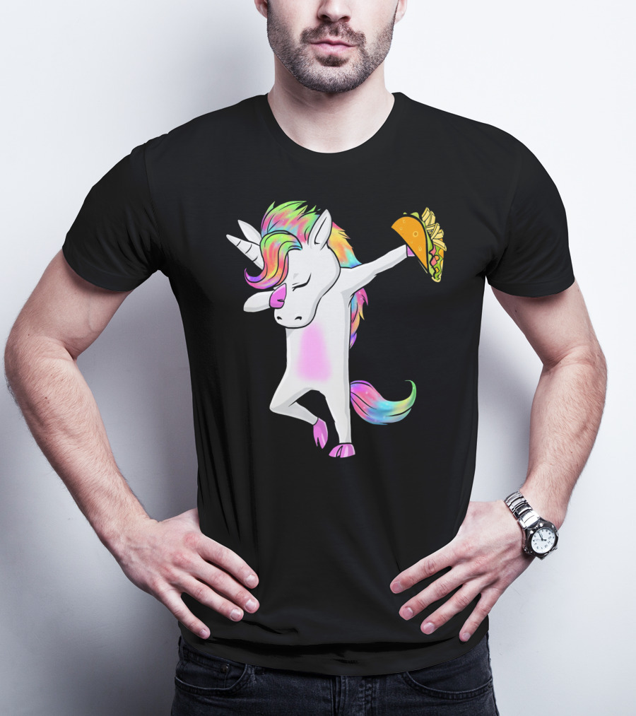 Unicorn Dabbing With Rainbow Mane Holding Tacos T-Shirt