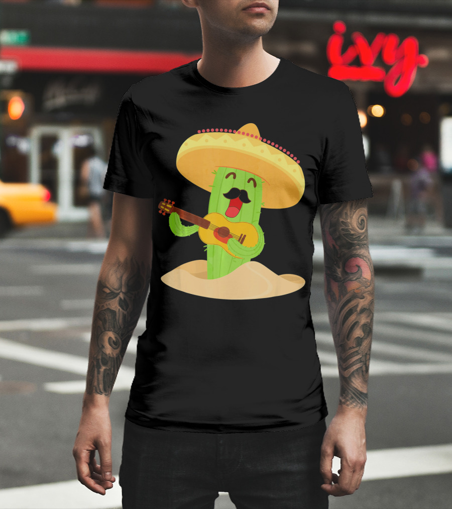 Happy Cinco De Mayo Cactus Guitarist With Sombrero T-Shirt