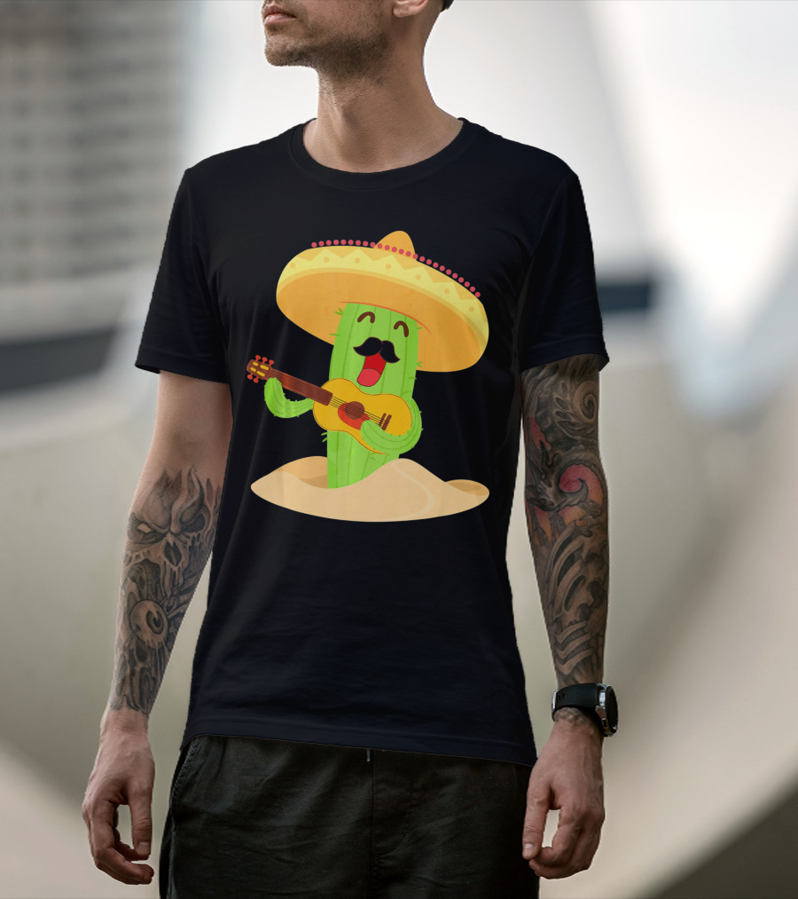 Happy Cinco De Mayo Cactus Guitarist With Sombrero T-Shirt