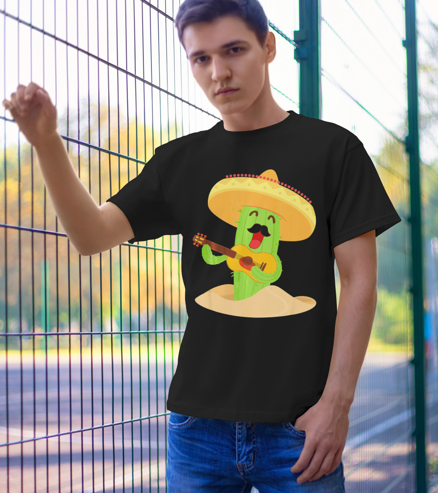 Happy Cinco De Mayo Cactus Guitarist With Sombrero T-Shirt