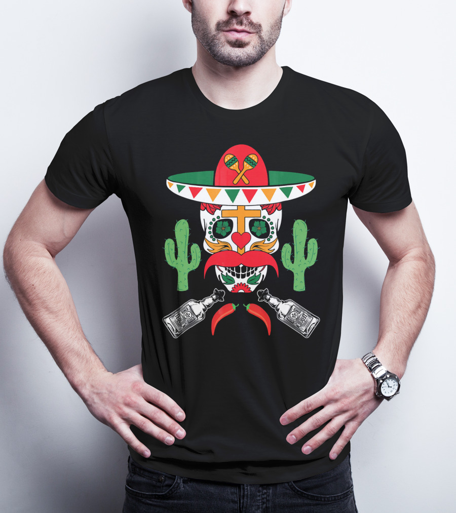 Cinco De Mayo Sugar Skull Sombrero Cactus With Tequila And Peppers T-Shirt