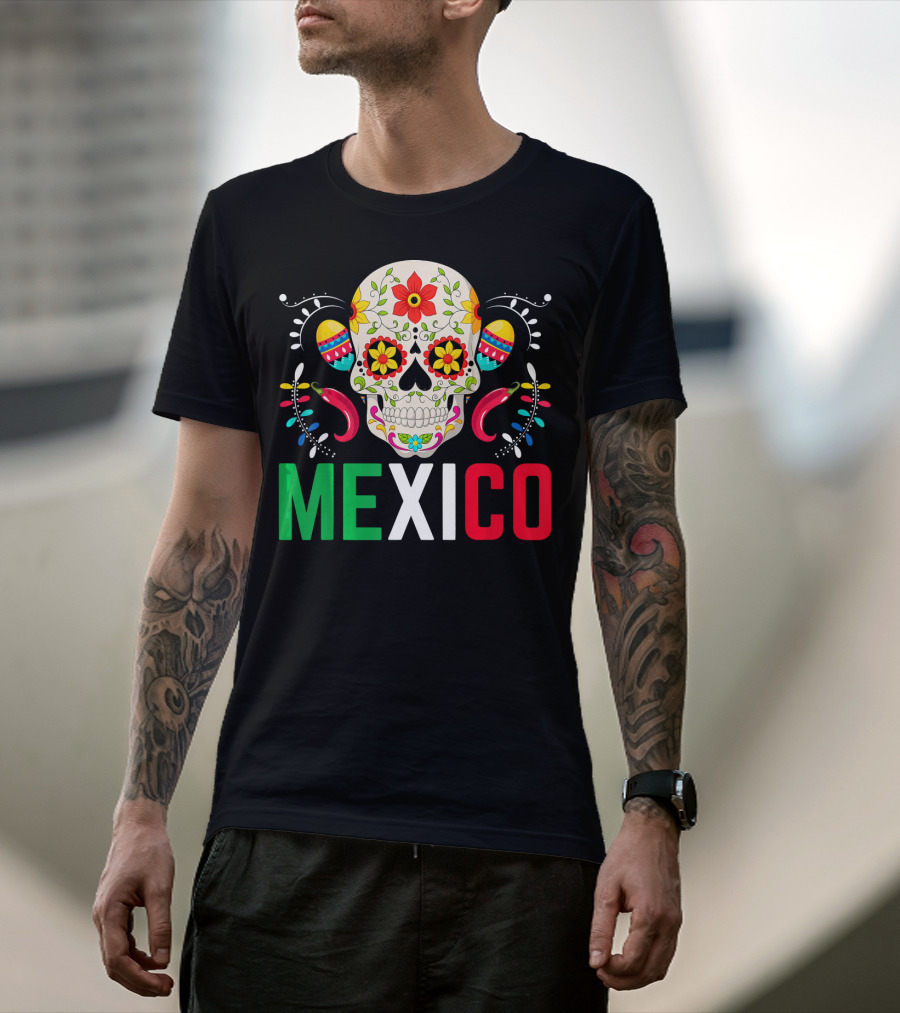 Colorful Cinco De Mayo Mexico Sugar Skull Design With Decorative Elements T-Shirt