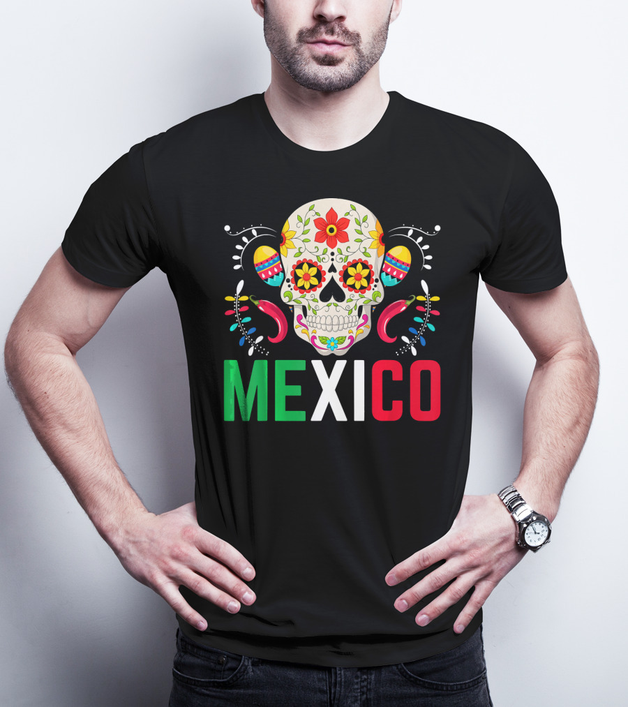 Colorful Cinco De Mayo Mexico Sugar Skull Design With Decorative Elements T-Shirt
