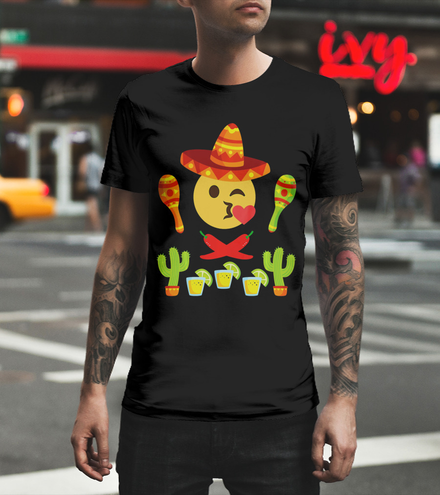 Kiss Emoji Cinco De Mayo Sombrero Maracas Cactus Peppers Margaritas T-Shirt