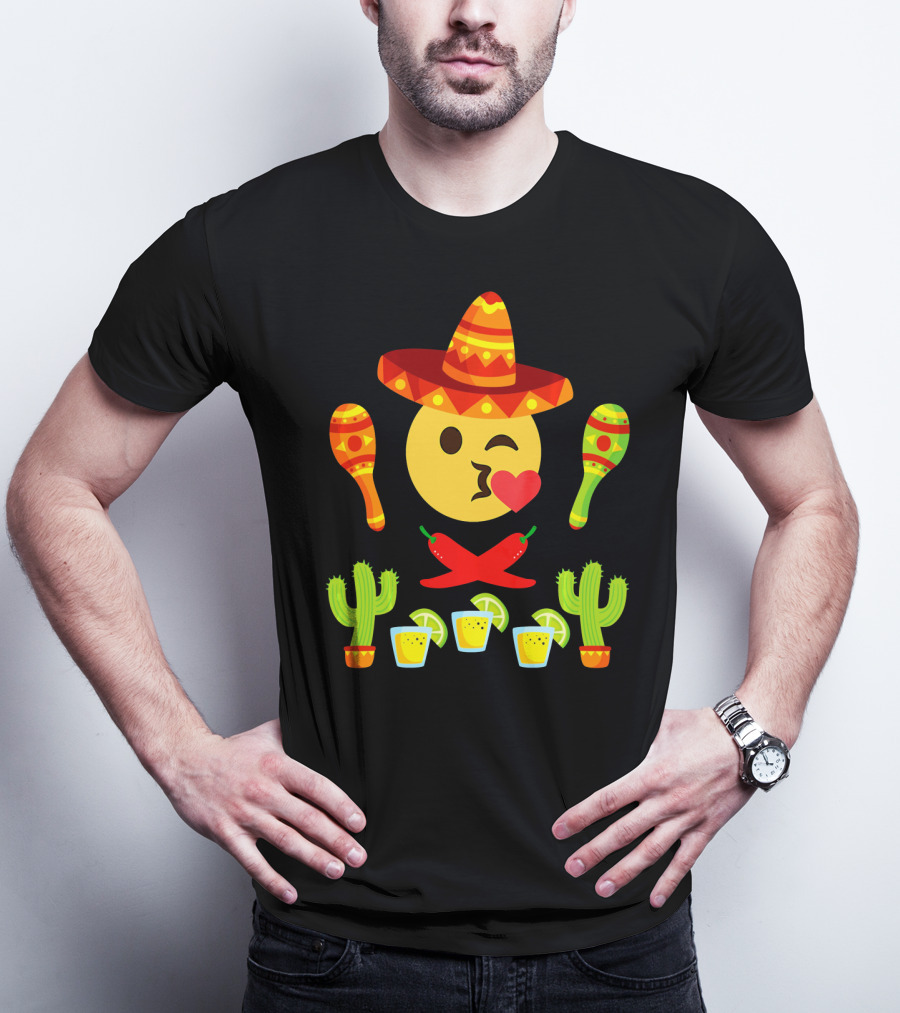 Kiss Emoji Cinco De Mayo Sombrero Maracas Cactus Peppers Margaritas T-Shirt