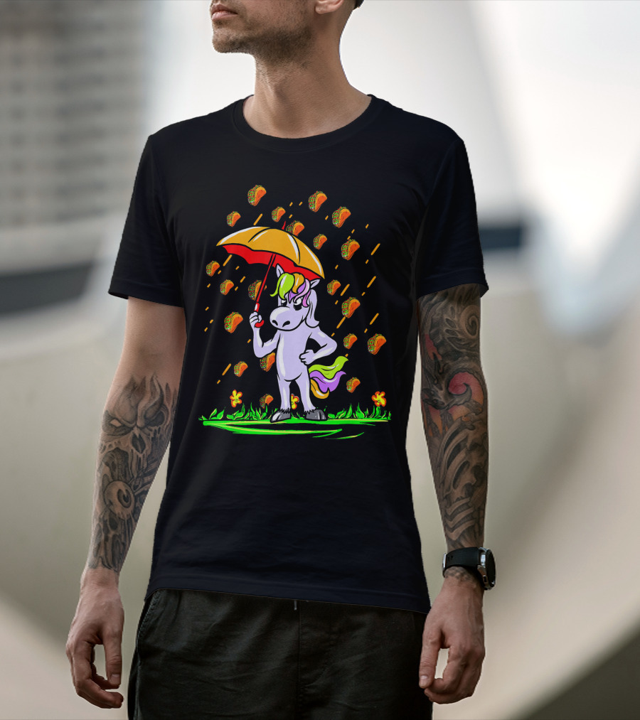 Its Raining Tacos Unicorn With Umbrella And Taco Showers T-Shirt