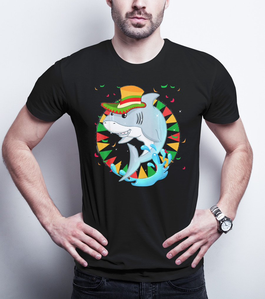 Cute Shark Cinco De Mayo 5th Of May Celebration Hat Sombrero Colorful Fiesta T-Shirt