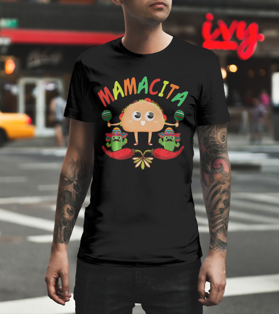 Mamacita Taco And Cactus Fiesta With Maracas And Sombrero T-Shirt