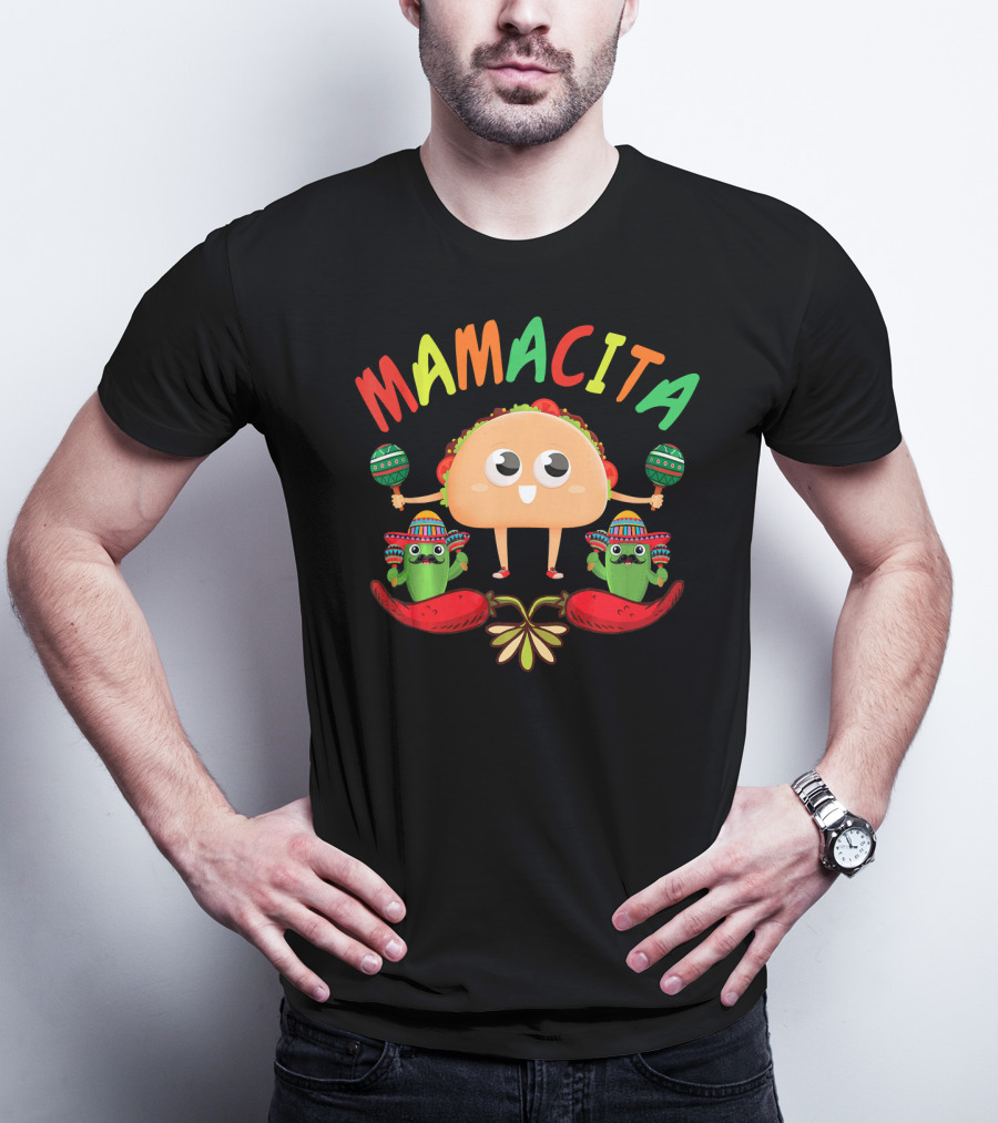 Mamacita Taco And Cactus Fiesta With Maracas And Sombrero T-Shirt