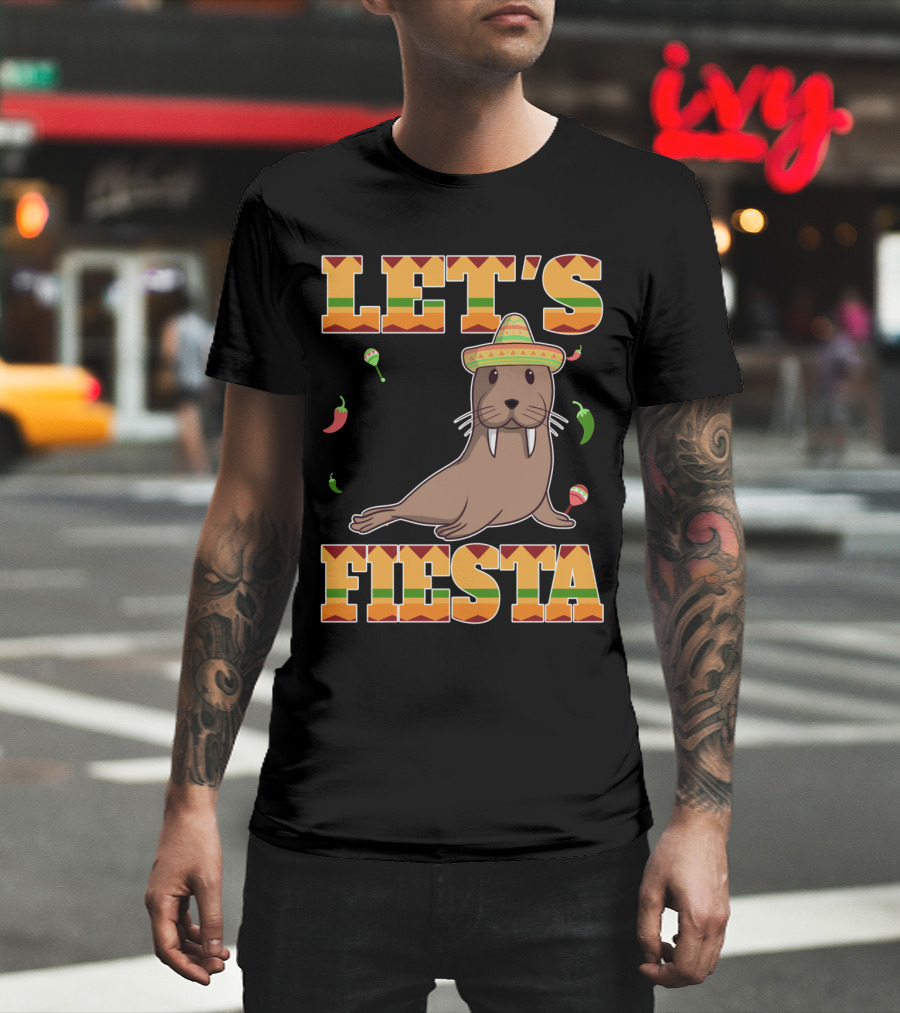 Let's Fiesta Walrus Sombrero Peppers Cinco De Mayo Mexican T-Shirt