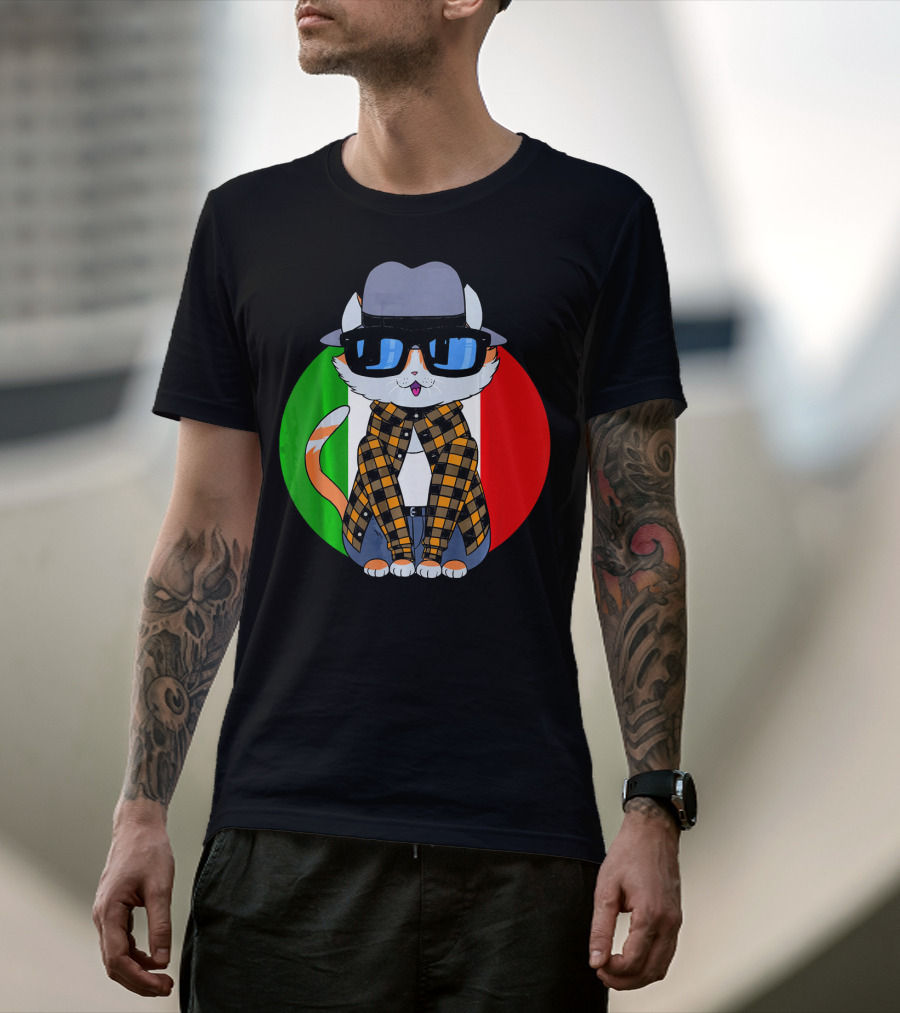 Cinco De Mayo Mexican Kitty Cat With Sunglasses And Plaid Shirt In Front Of Tricolor Circle T-Shirt