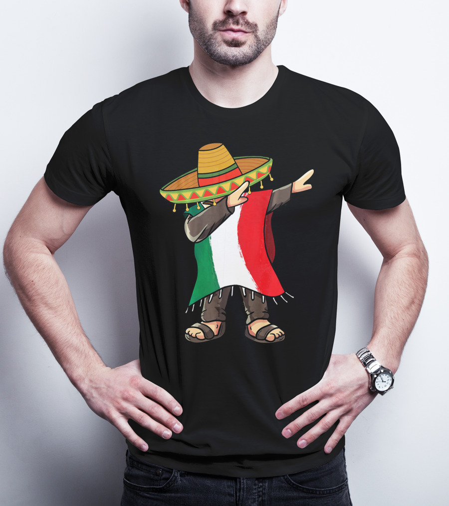 Mexican Flag Poncho Man Dabbing Cinco De Mayo Sombrero T-Shirt